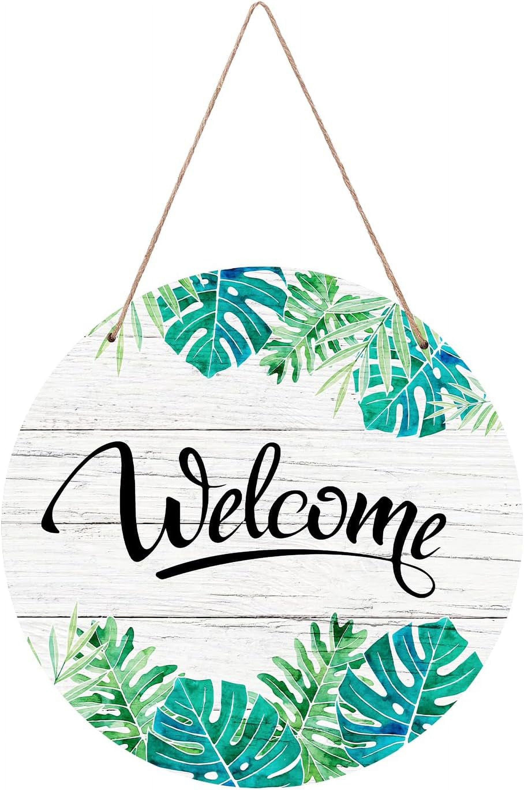 Welcome Sign Retro Wooden Flat Round Hanging Plaque Green Plant Rustic ...
