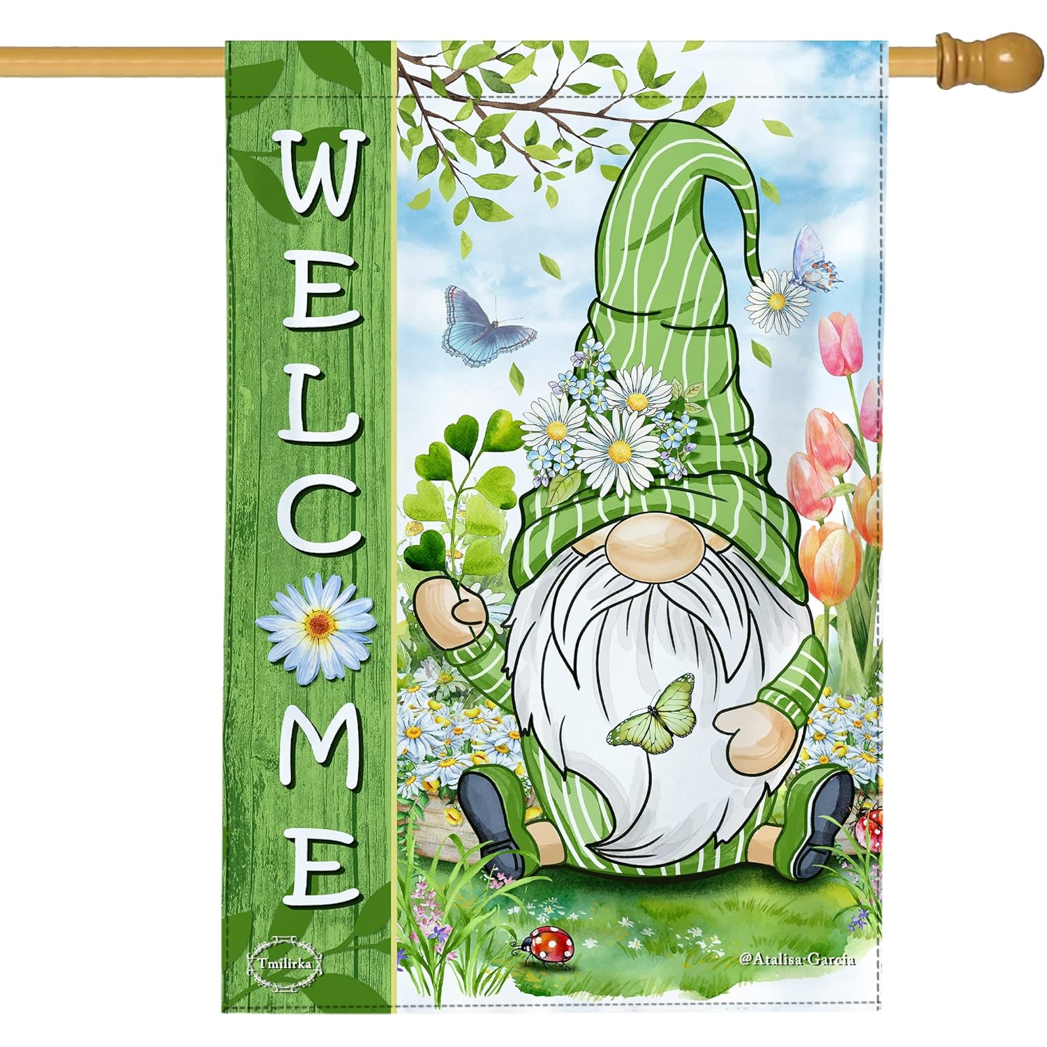 Welcome Sign Spring Funny Cute Gnomes Tulip Daisy Flowers Florals ...