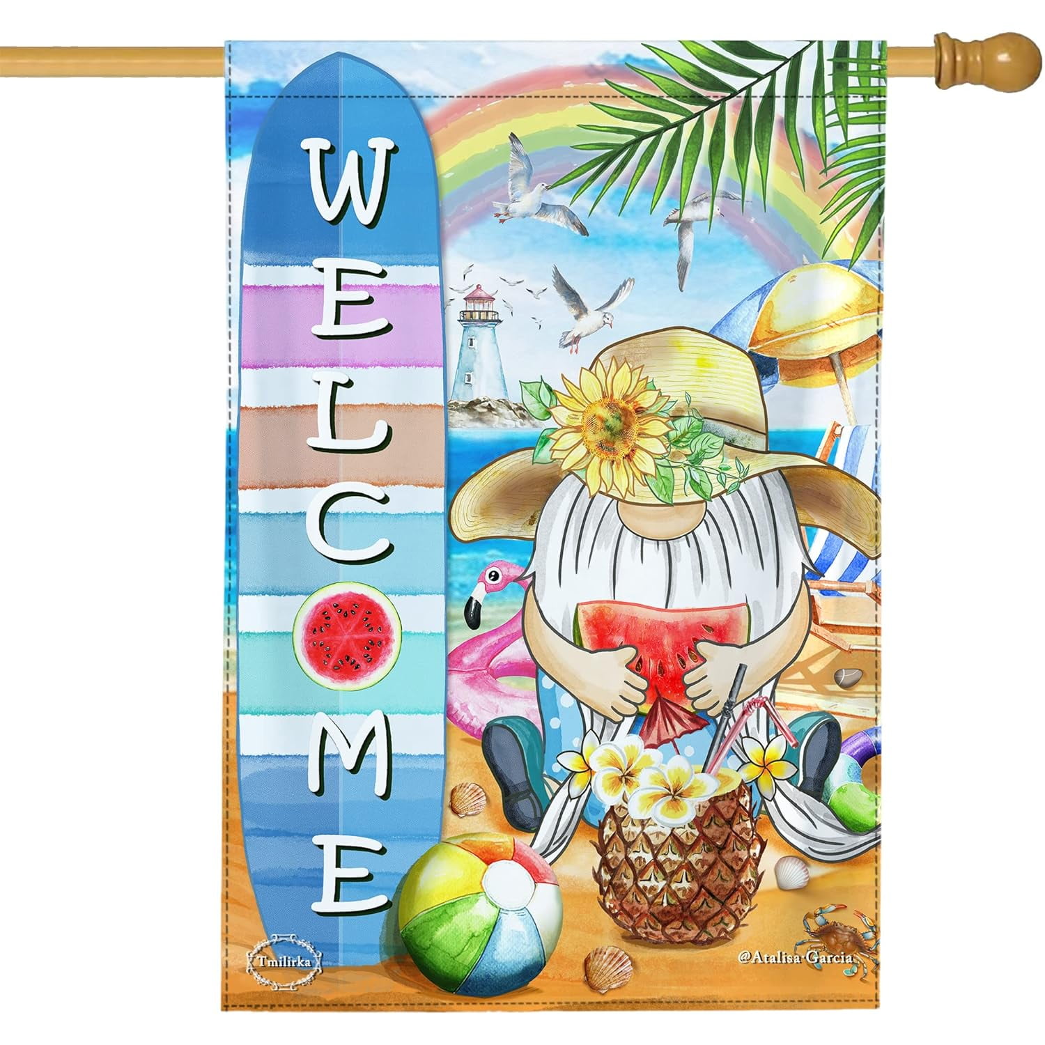 Welcome Sign Summer Funny Cute Gnomes Beach Rainbow Garden Flags Double ...