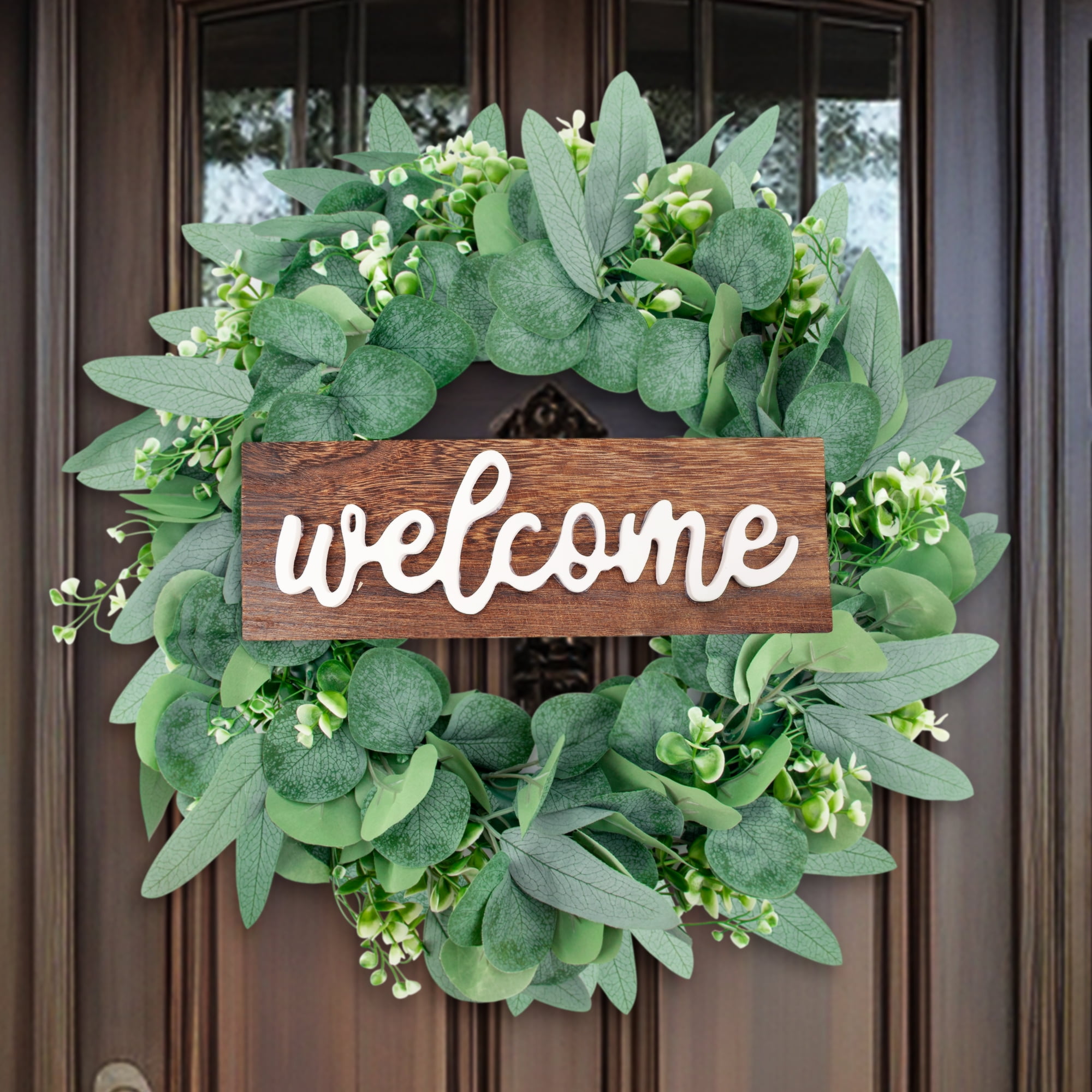 Welcome Sign Summer Wreath for Front Door Eucalyptus Leaves Wreath for ...