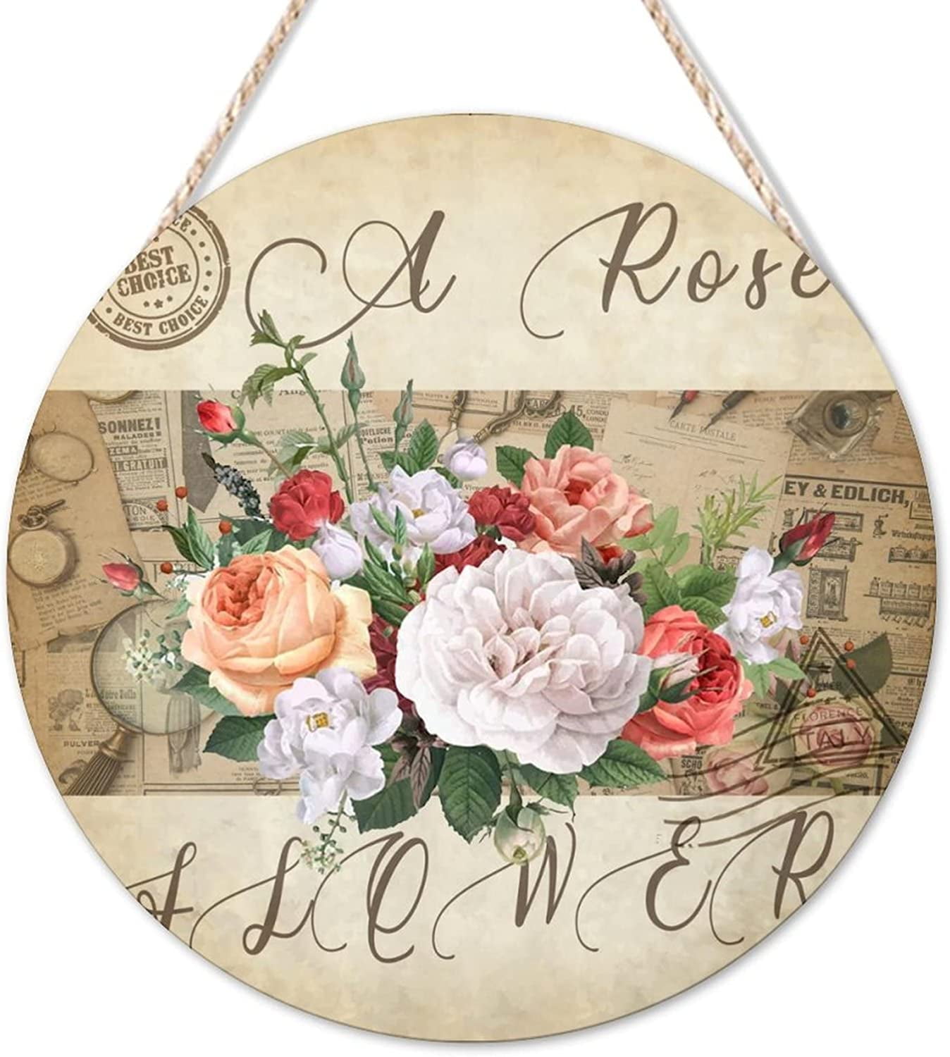 Welcome Sign Vintage French Rose Flower Round Wooden Signs Retro ...