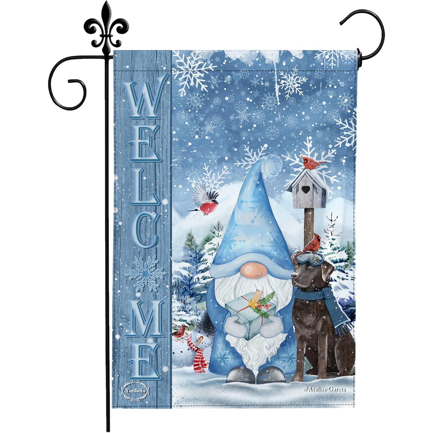 Welcome Sign Winter Funny Gnome Cute Black Labrador Dog Cardinal Red ...