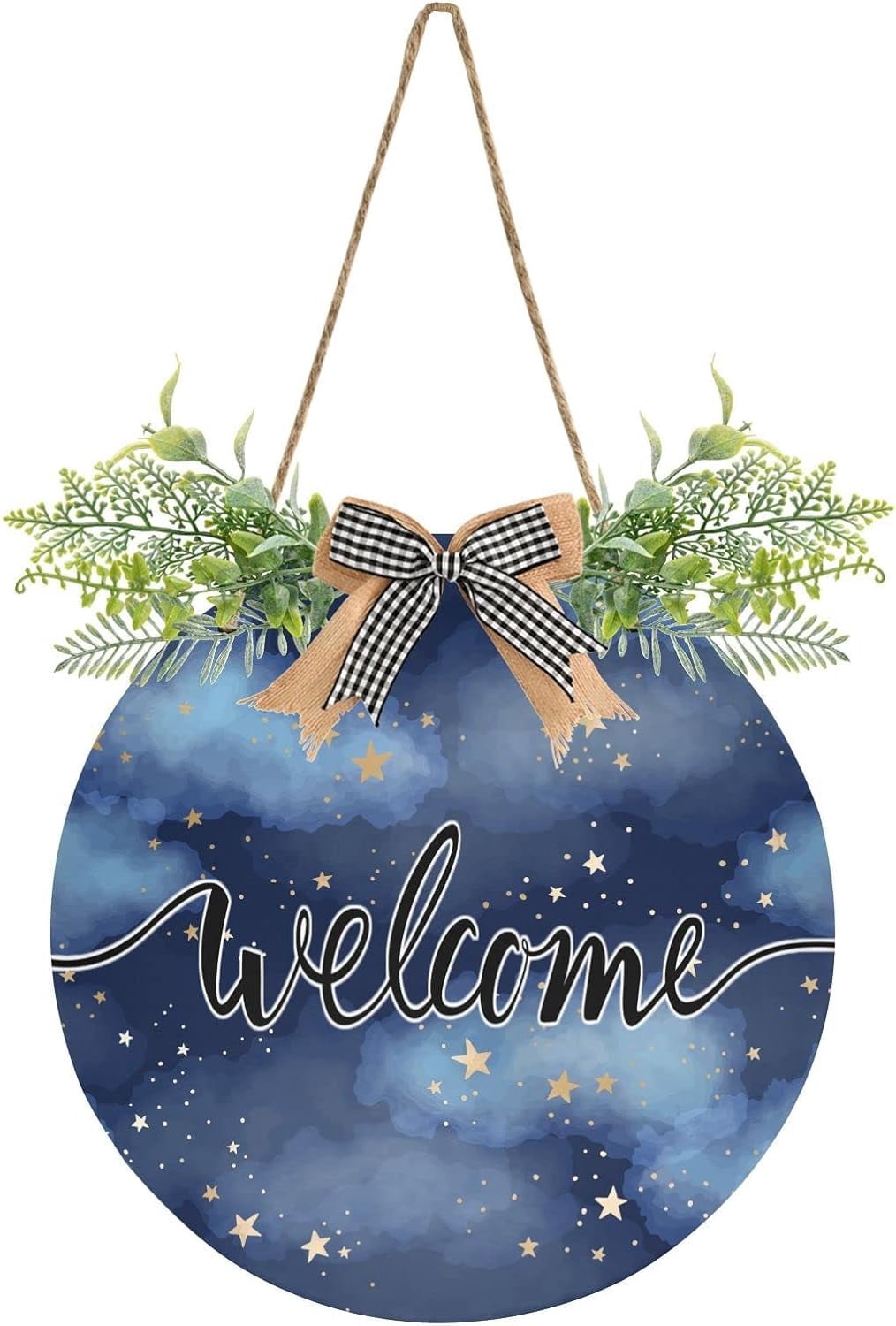 Welcome Sign with Wreath for Front Door, Rustic Round Hanging Welcome ...
