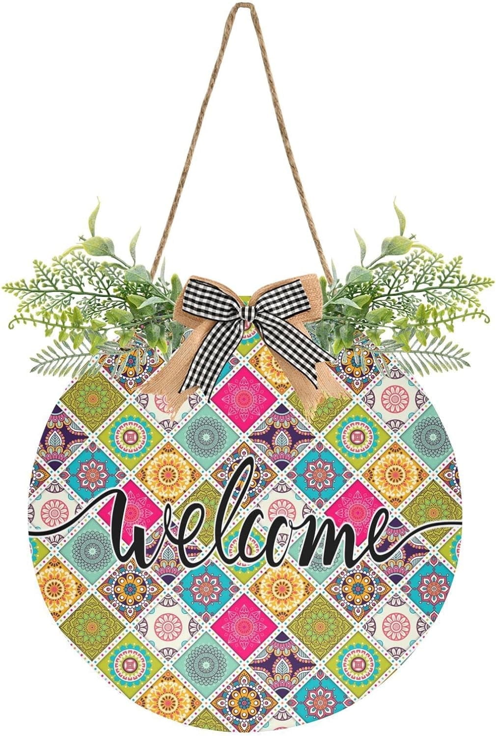 Welcome Sign with Wreath for Front Door, Rustic Round Hanging Welcome ...