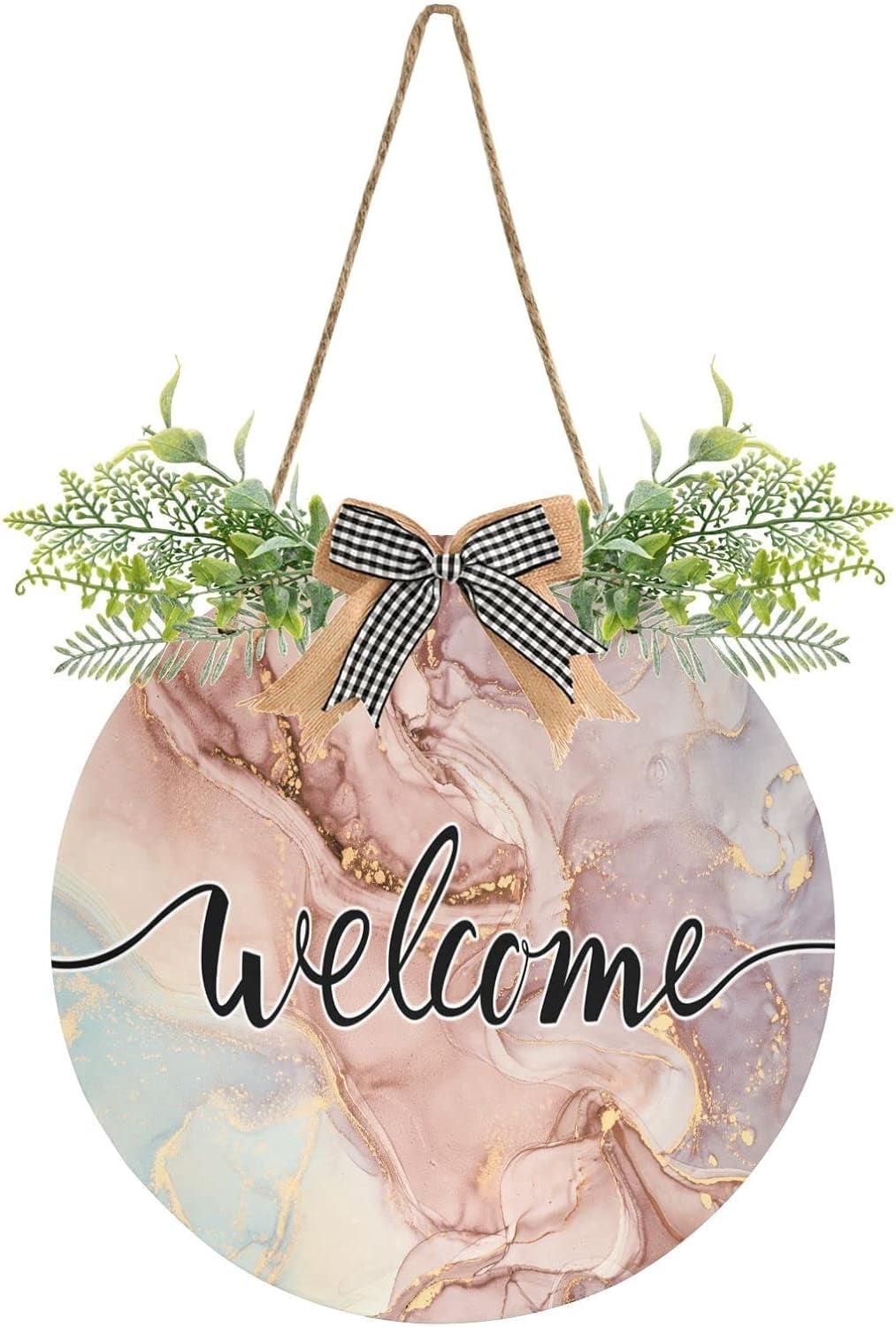 Welcome Sign with Wreath for Front Door, Rustic Round Hanging Welcome ...