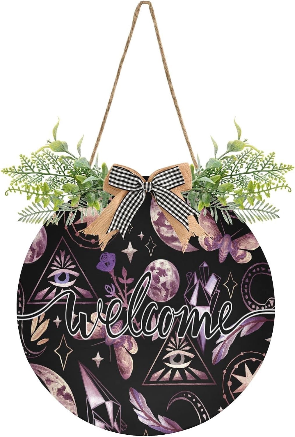 Welcome Sign with Wreath for Front Door, Rustic Round Hanging Welcome ...