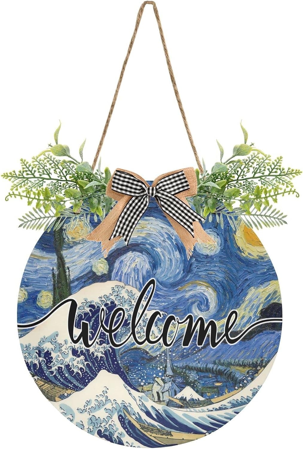 Welcome Sign with Wreath for Front Door, Rustic Round Hanging Welcome ...
