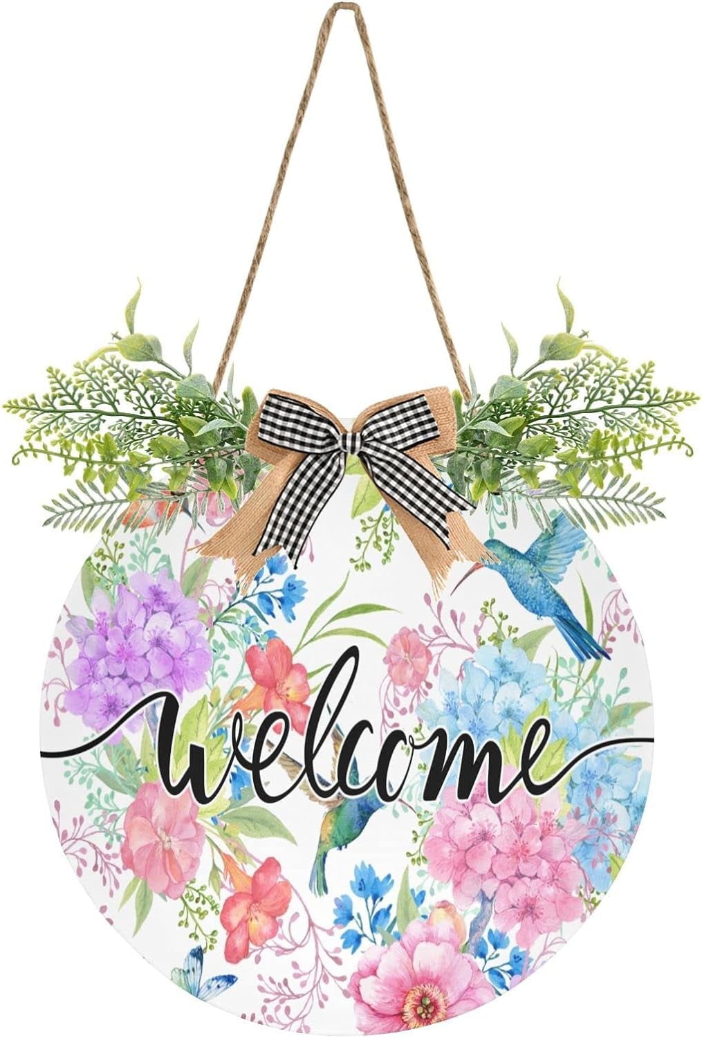 Welcome Sign with Wreath for Front Door, Rustic Round Hanging Welcome ...