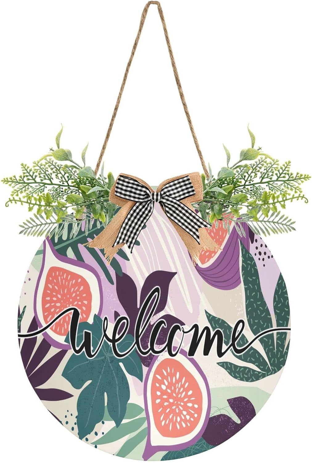 Welcome Sign with Wreath for Front Door, Rustic Round Hanging Welcome ...