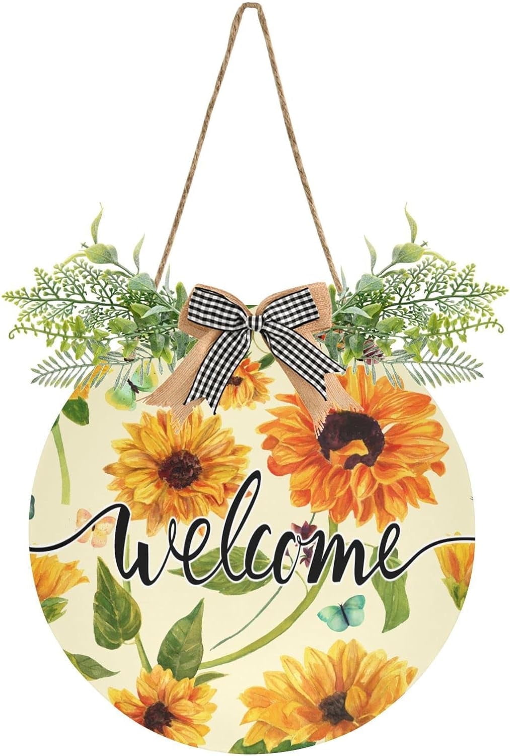 Welcome Sign with Wreath for Front Door, Rustic Round Hanging Welcome ...