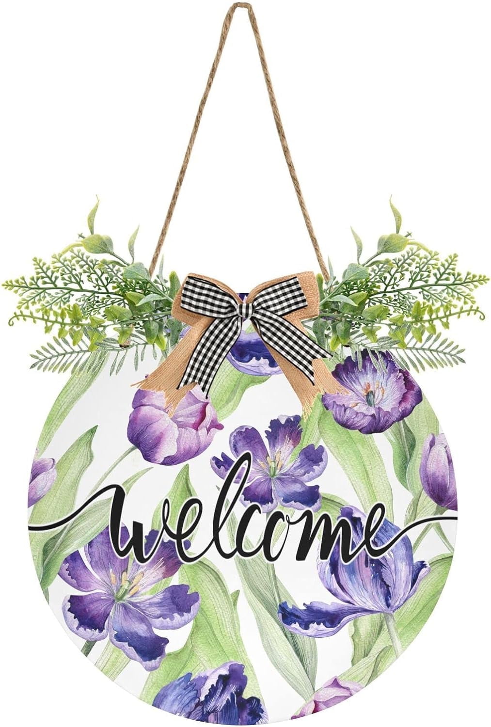 Welcome Sign with Wreath for Front Door, Rustic Round Hanging Welcome ...