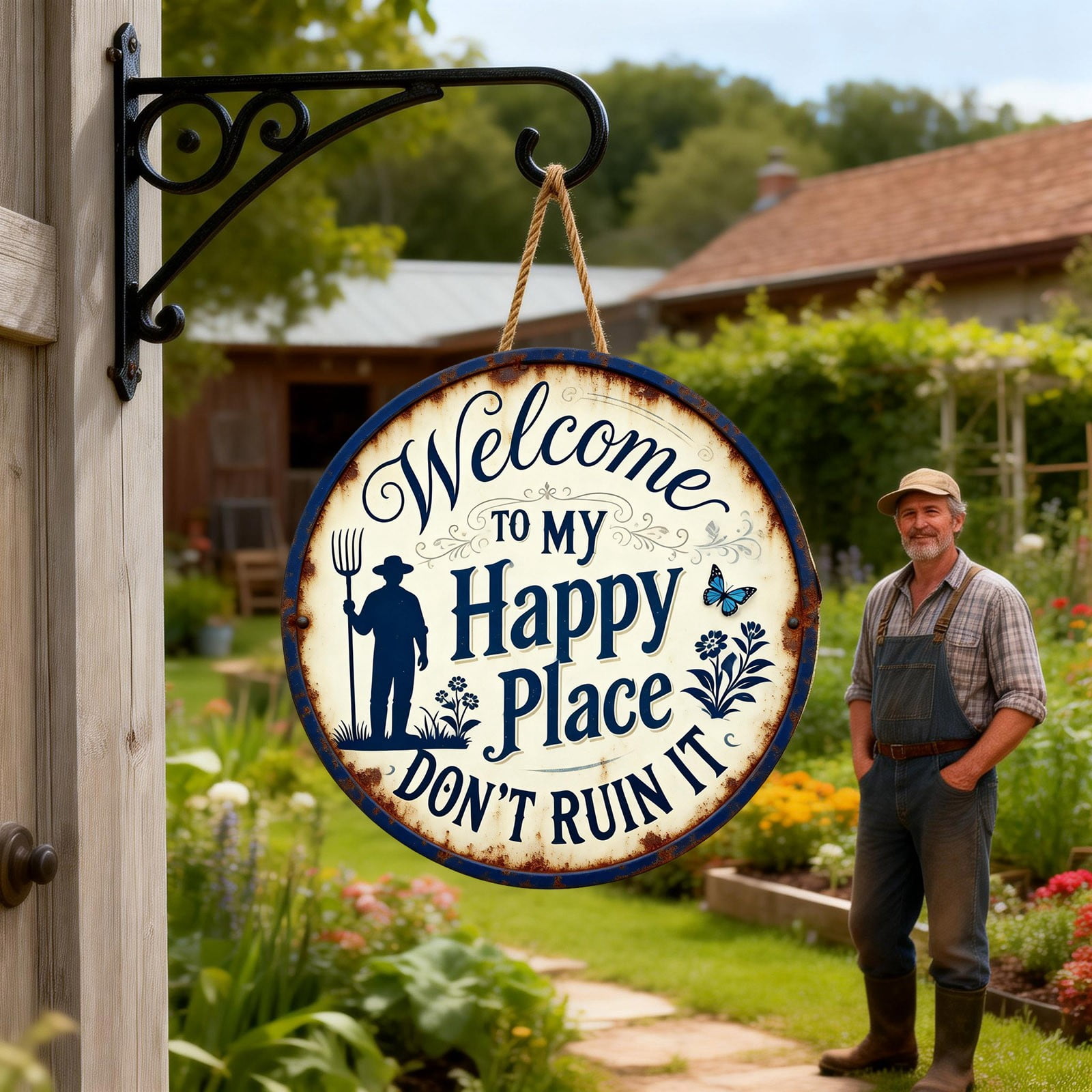 Welcome Sign for Front Door Round Wood Welcome to My Happy Place Plaque ...