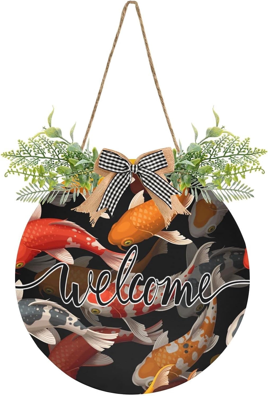 Welcome Sign with Wreath for Front Door, Rustic Round Hanging Welcome ...