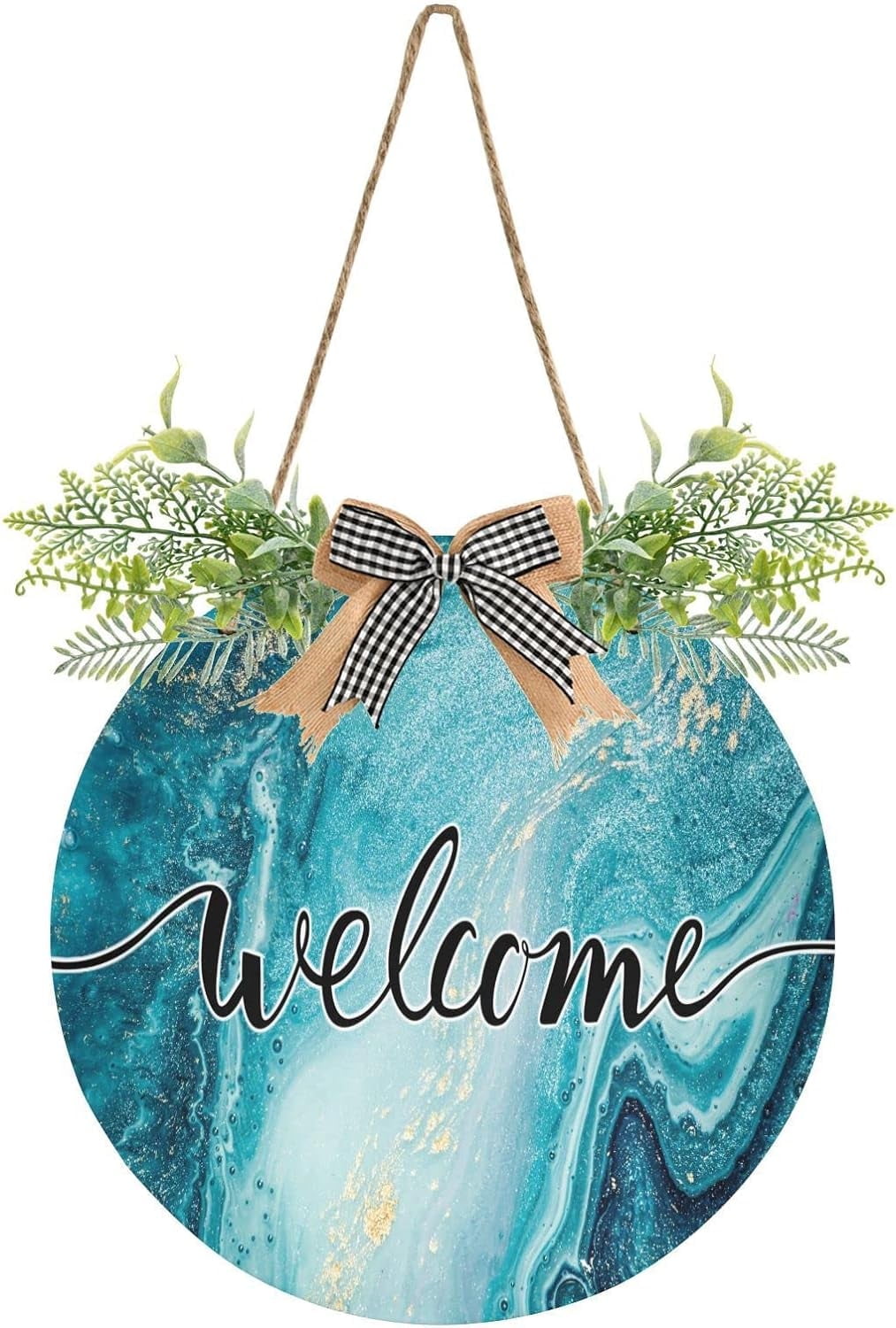 Welcome Sign with Wreath for Front Door, Rustic Round Hanging Welcome ...