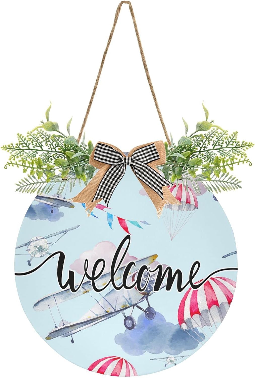 Welcome Sign with Wreath for Front Door, Rustic Round Hanging Welcome ...