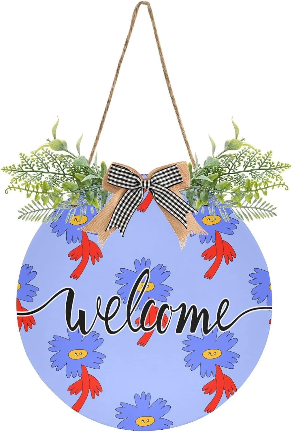 Welcome Sign with Wreath for Front Door, Rustic Round Hanging Welcome ...