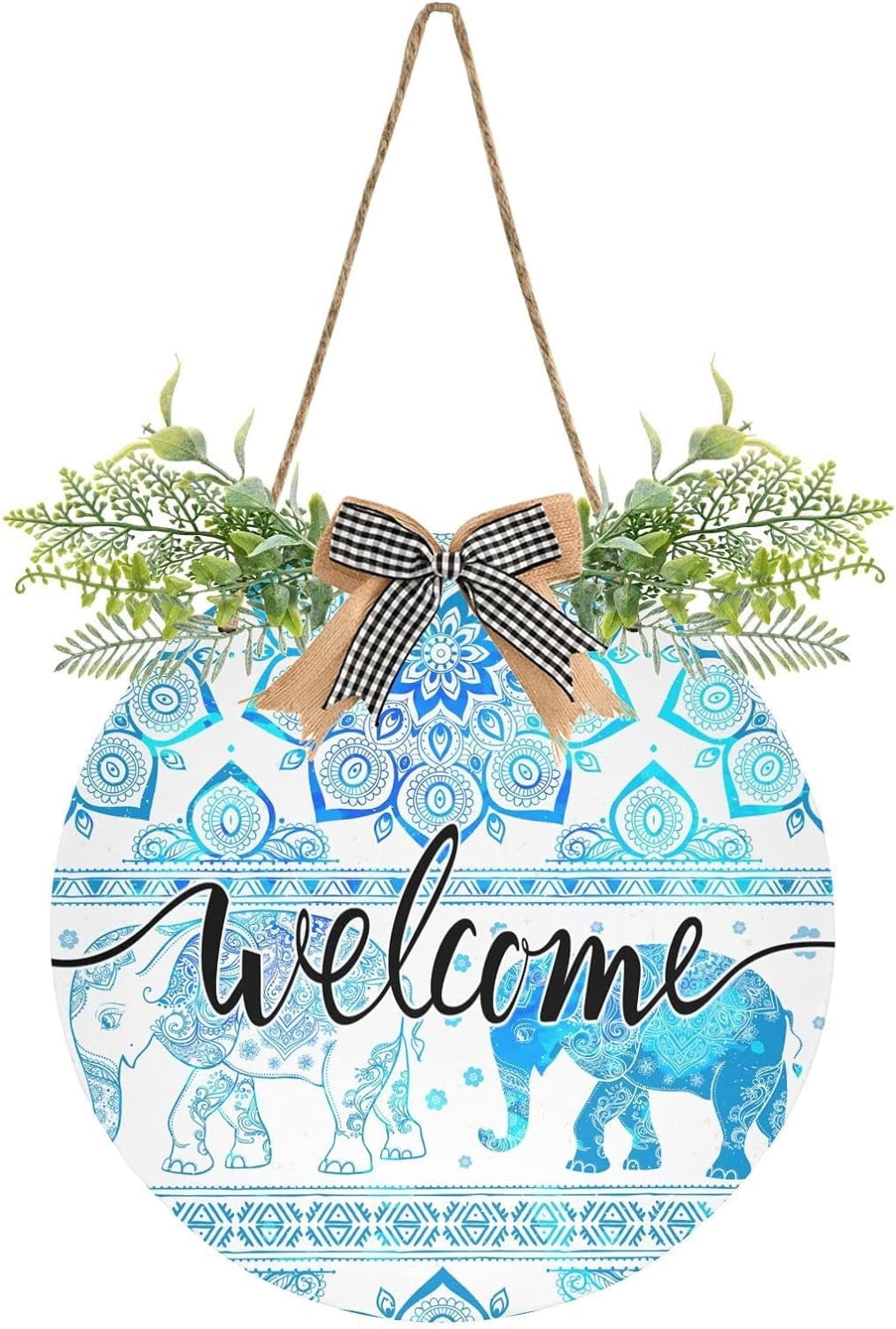 Welcome Sign with Wreath for Front Door, Rustic Round Hanging Welcome ...