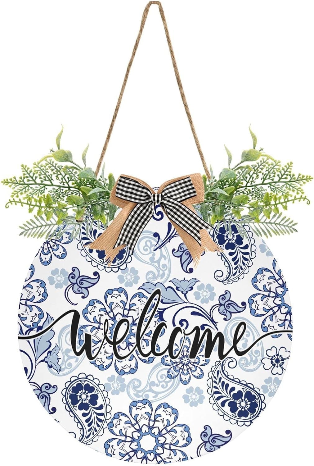 Welcome Sign with Wreath for Front Door, Rustic Round Hanging Welcome ...