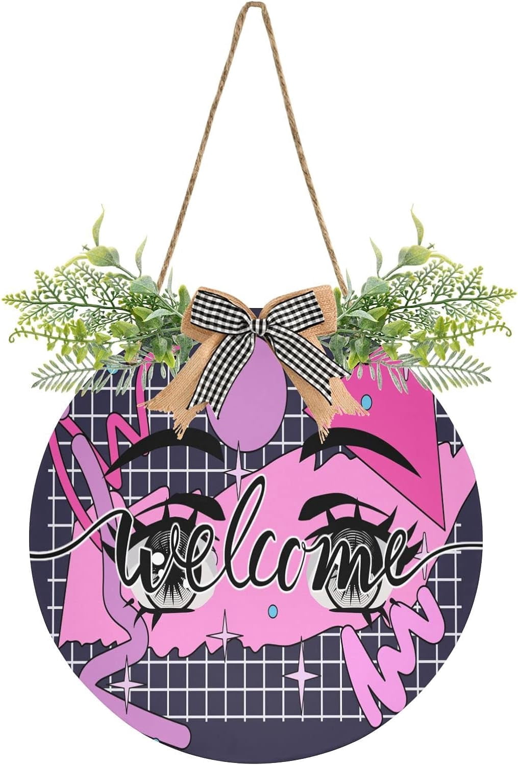 Welcome Sign with Wreath for Front Door, Rustic Round Hanging Welcome ...