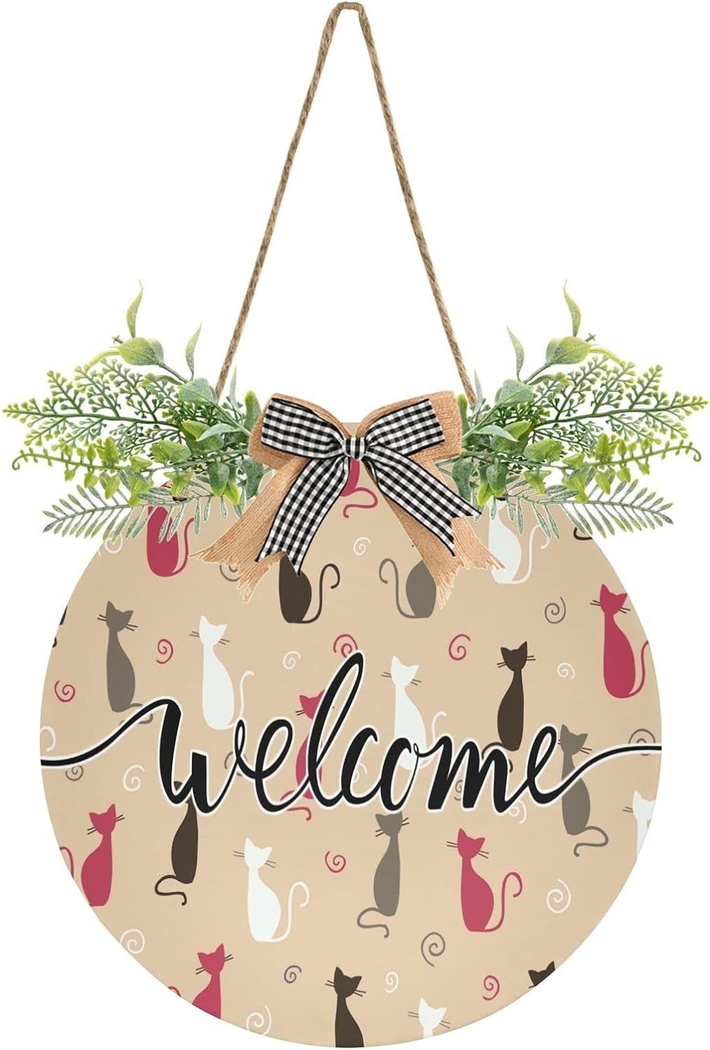 Welcome Sign with Wreath for Front Door, Rustic Round Hanging Welcome ...