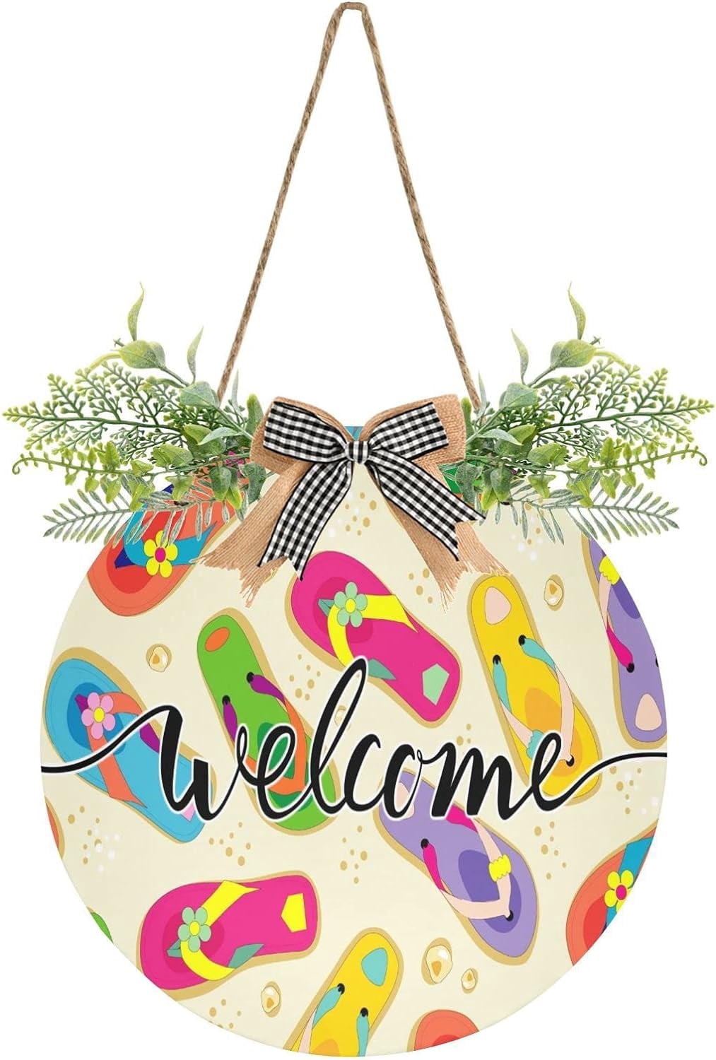 Welcome Sign with Wreath for Front Door, Rustic Round Hanging Welcome ...