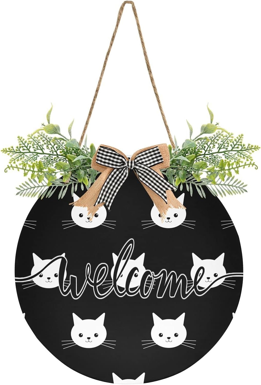Welcome Sign with Wreath for Front Door, Rustic Round Hanging Welcome ...