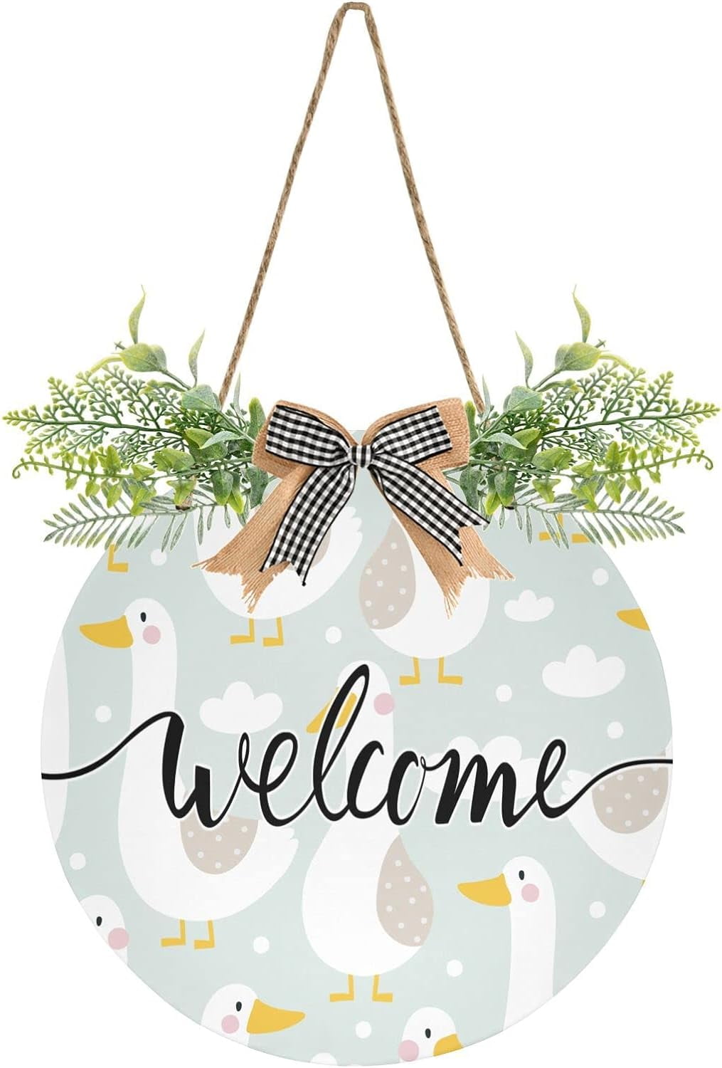 Welcome Sign with Wreath for Front Door, Rustic Round Hanging Welcome ...