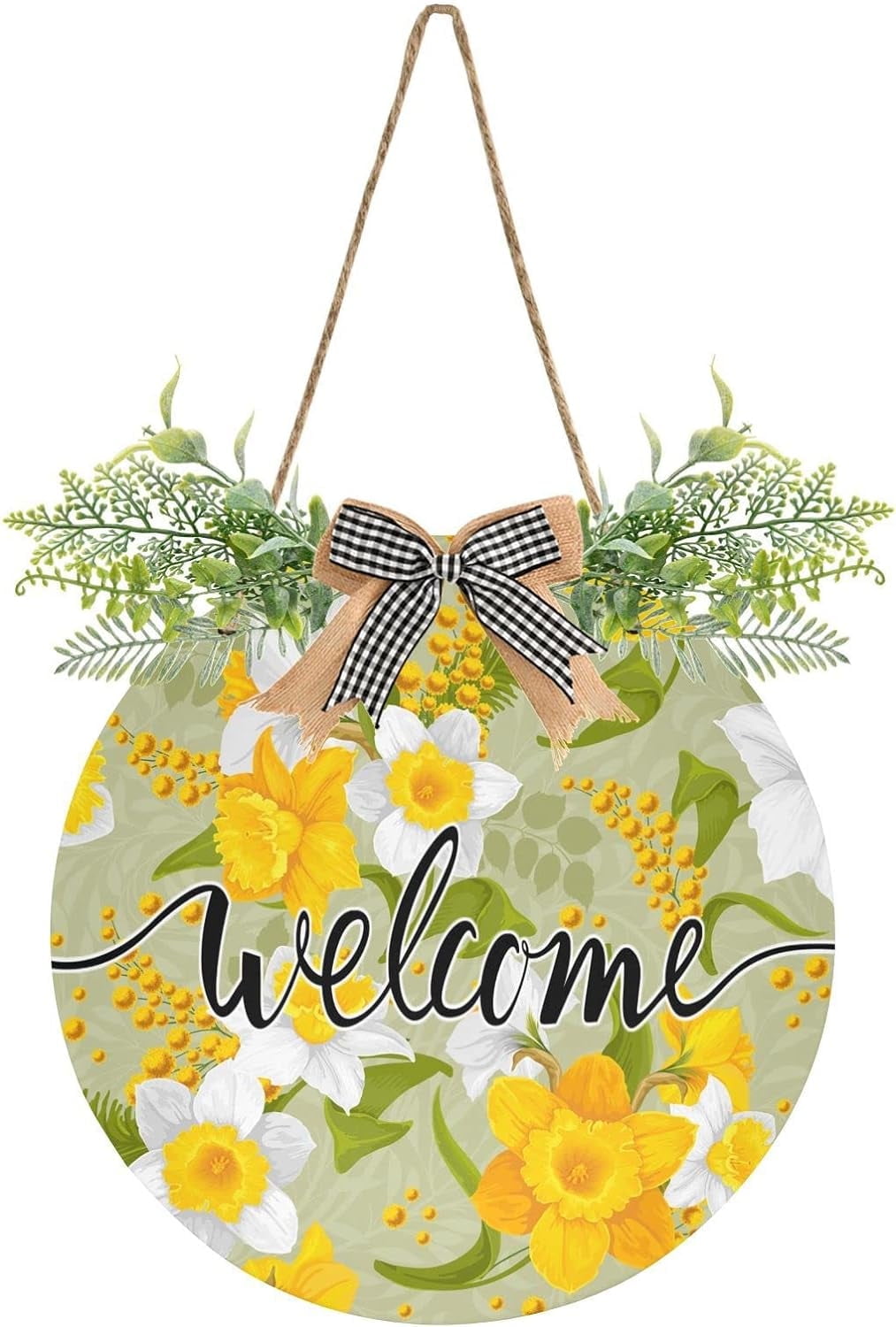 Welcome Sign with Wreath for Front Door, Rustic Round Hanging Welcome ...