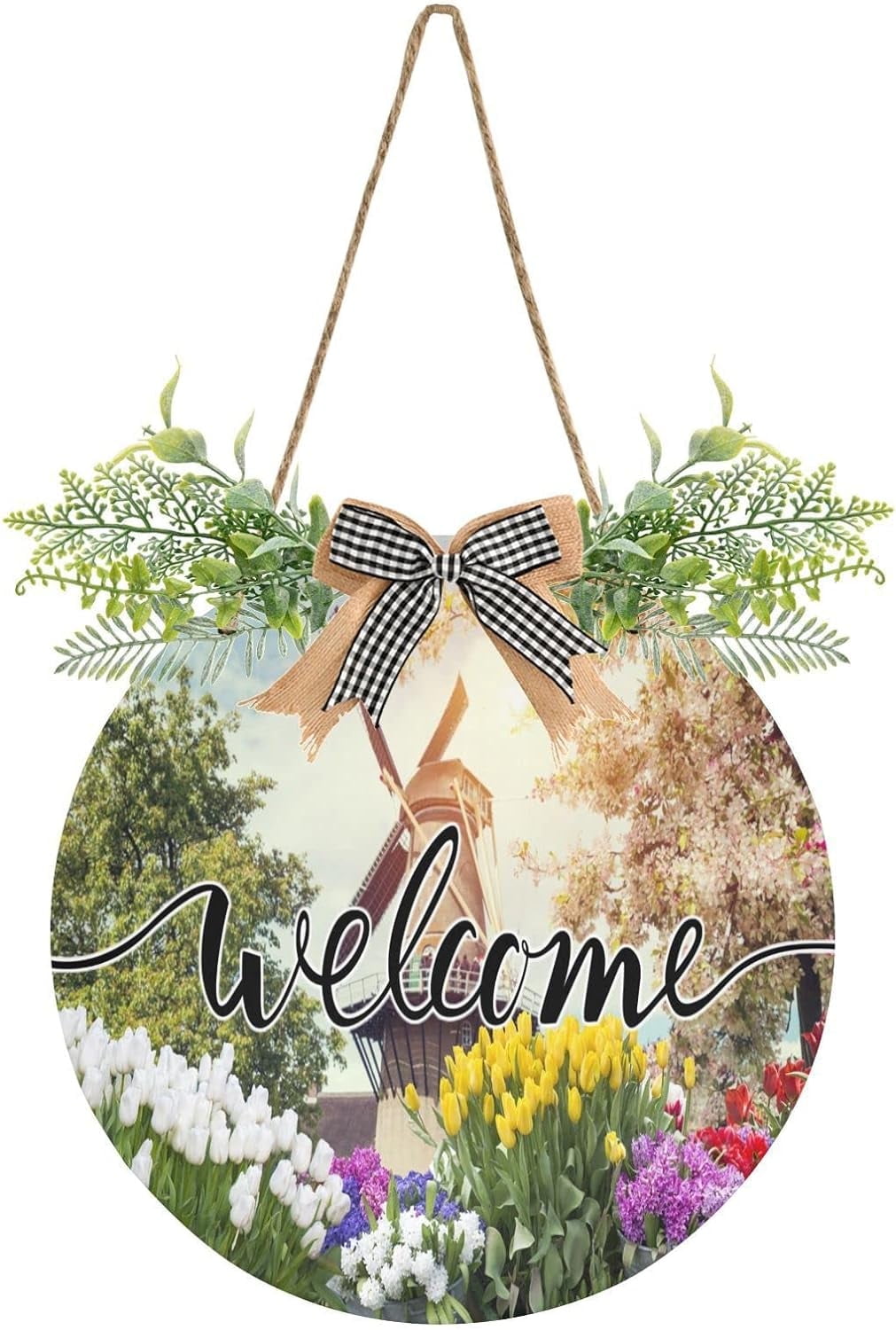 Welcome Sign with Wreath for Front Door, Rustic Round Hanging Welcome ...