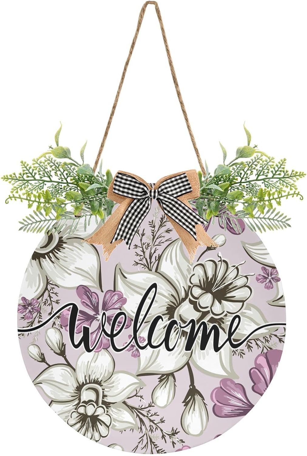 Welcome Sign with Wreath for Front Door, Rustic Round Hanging Welcome ...