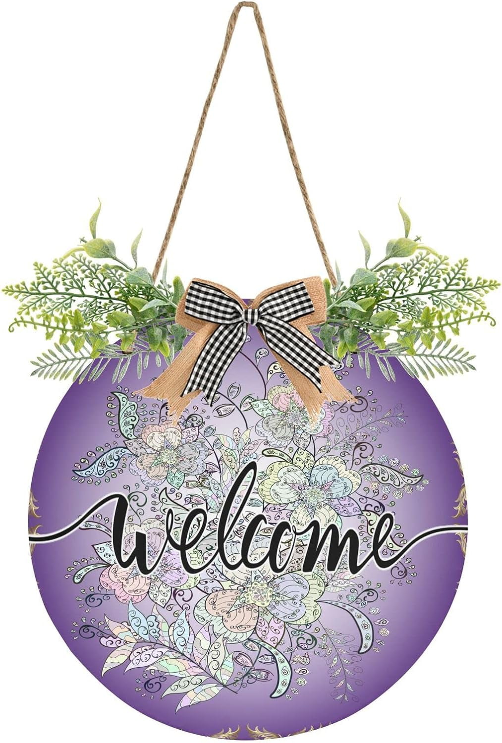 Welcome Sign with Wreath for Front Door, Rustic Round Hanging Welcome ...