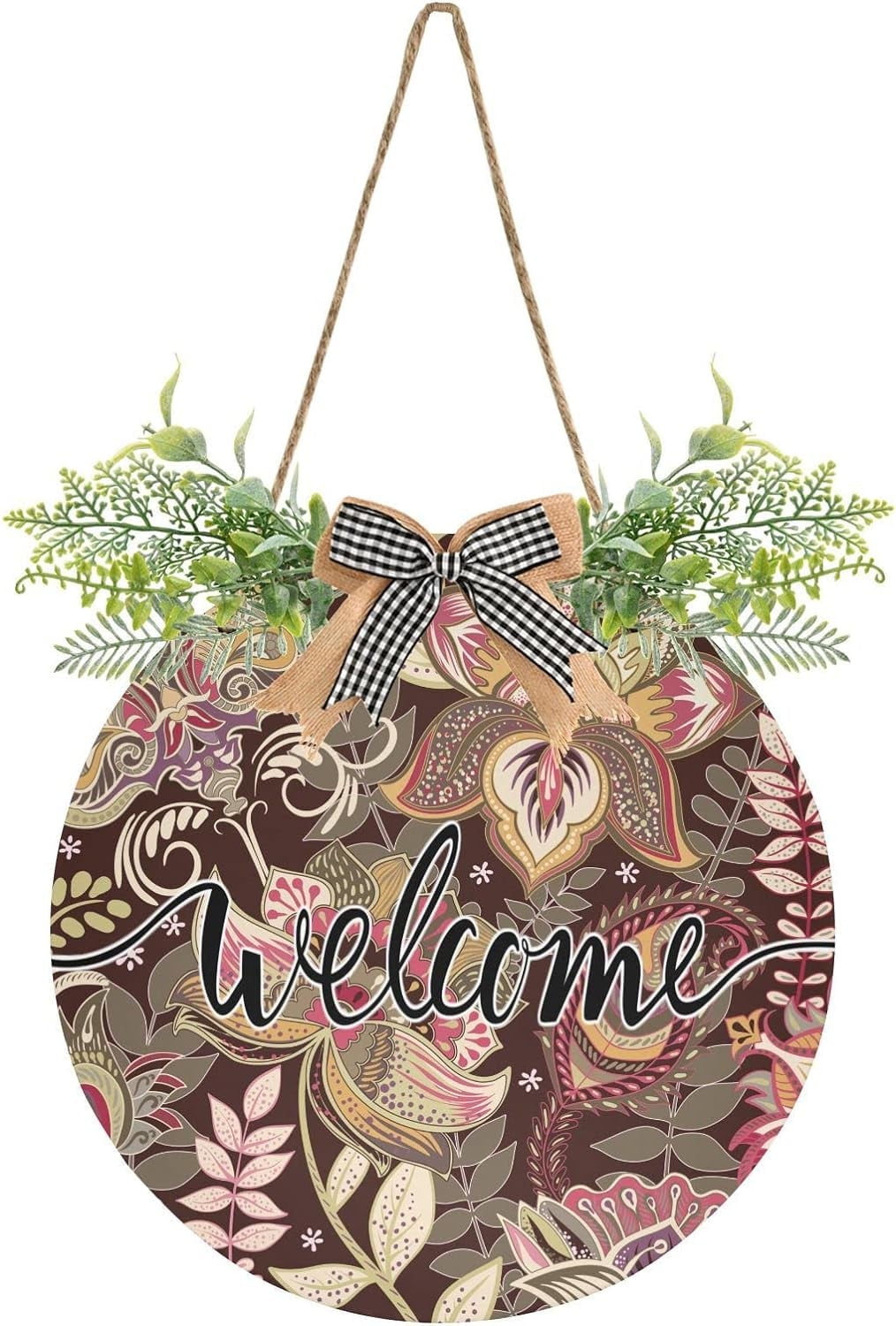 Welcome Sign with Wreath for Front Door, Rustic Round Hanging Welcome ...