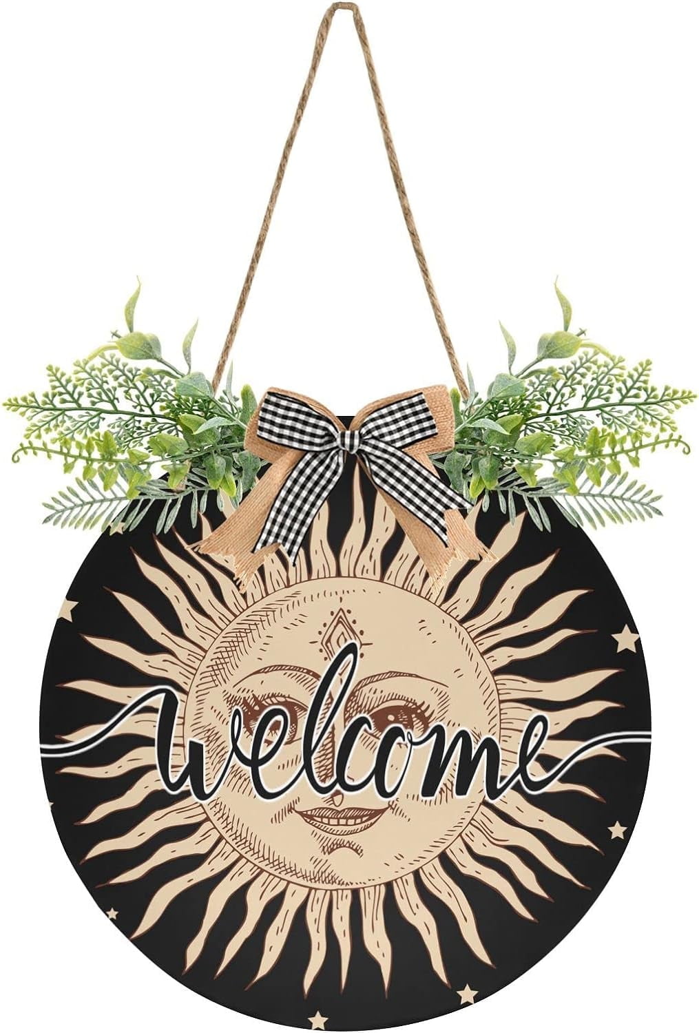 Welcome Sign with Wreath for Front Door, Rustic Round Hanging Welcome ...