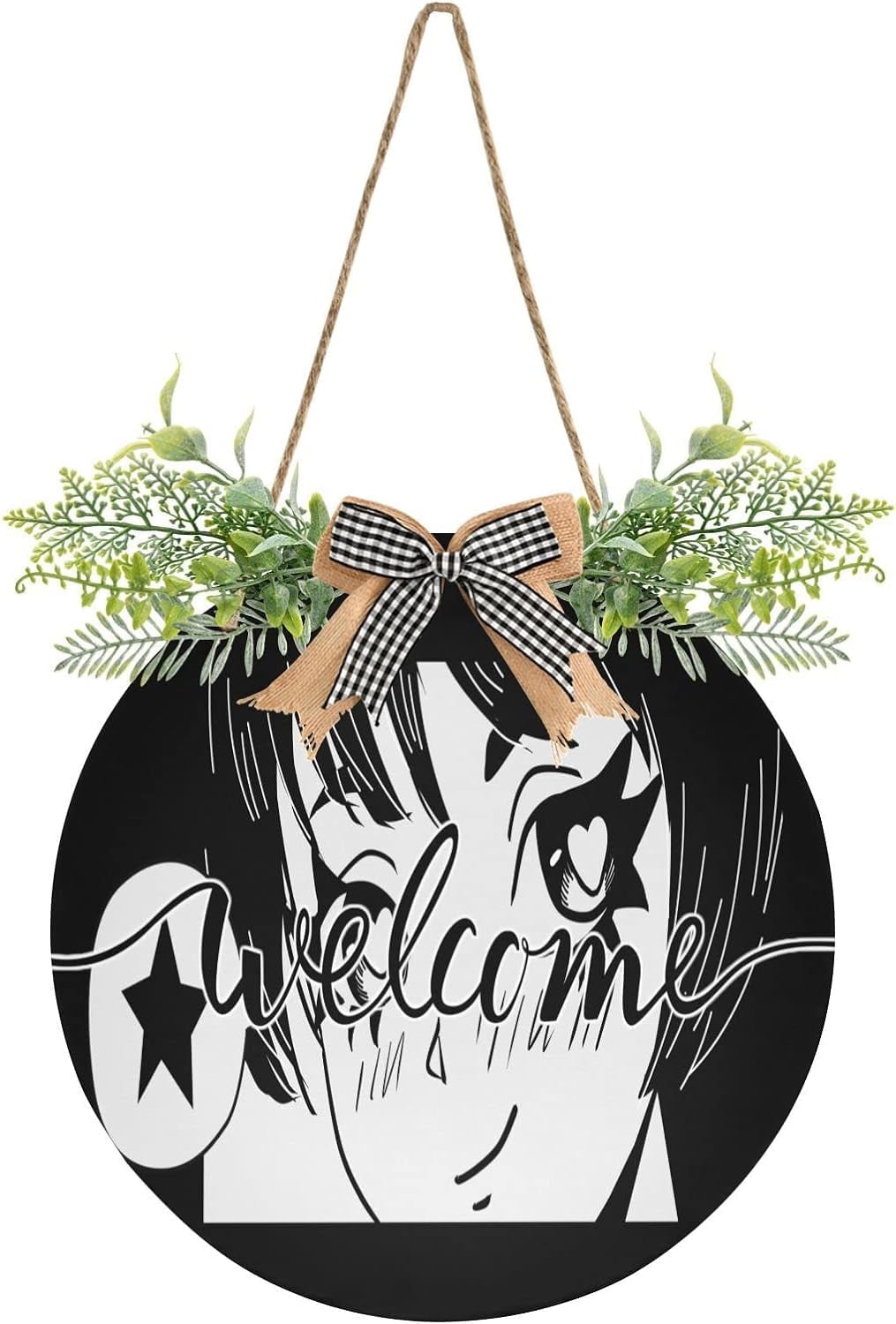 Welcome Sign with Wreath for Front Door, Rustic Round Hanging Welcome ...