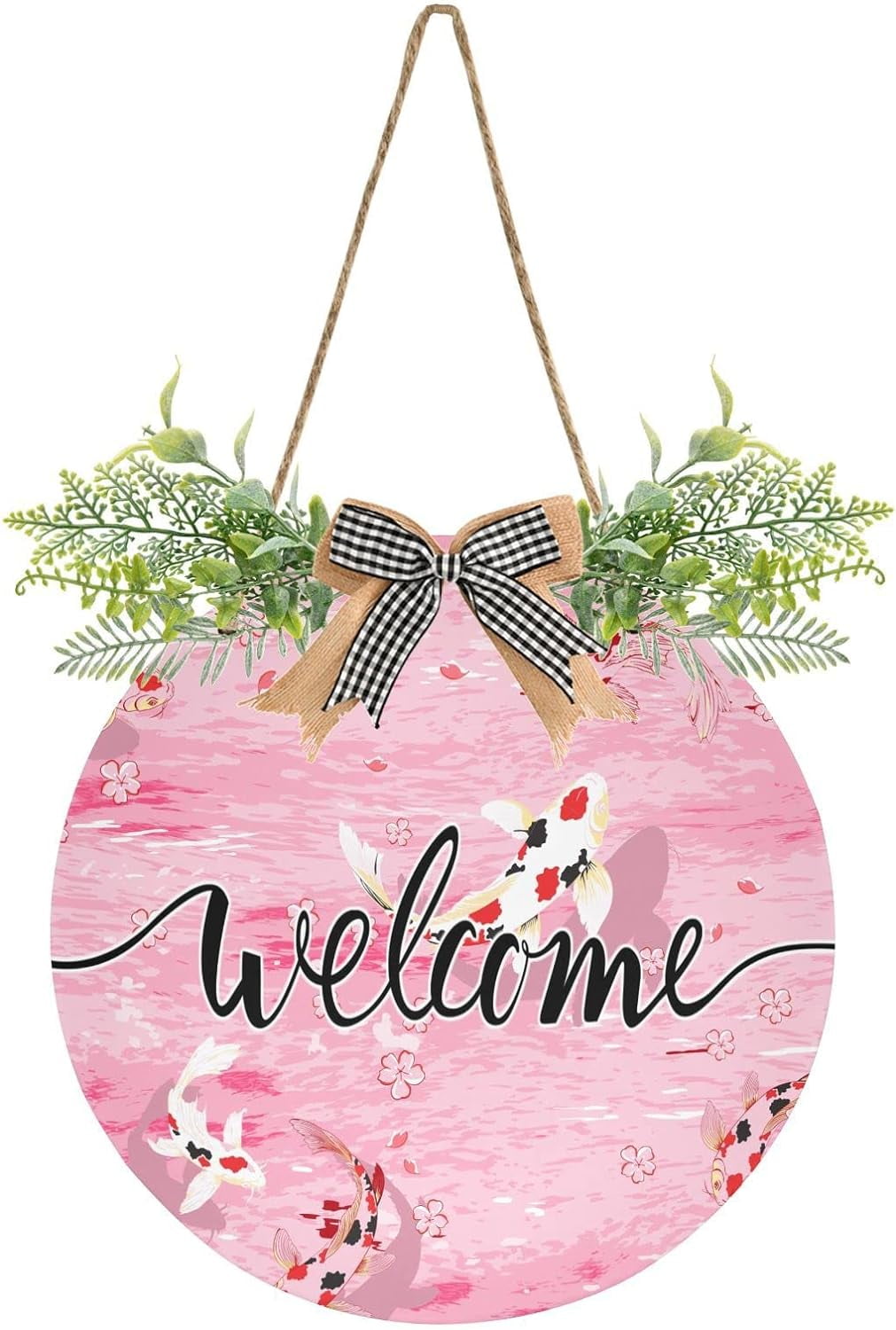 Welcome Sign with Wreath for Front Door, Rustic Round Hanging Welcome ...