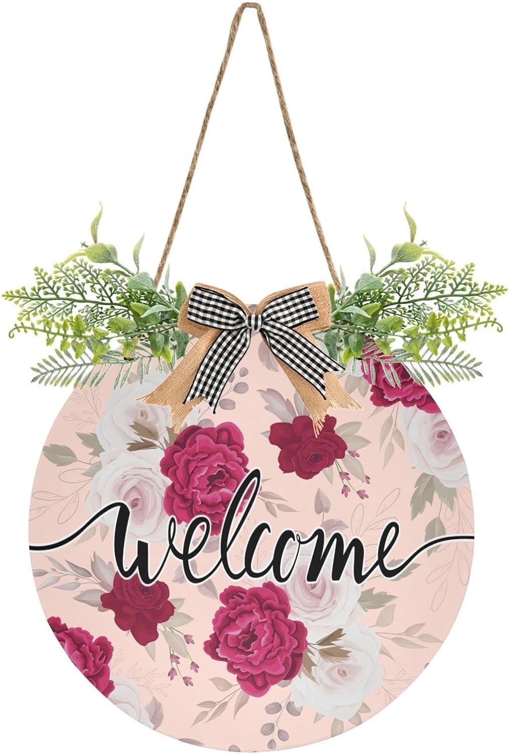 Welcome Sign with Wreath for Front Door, Rustic Round Hanging Welcome ...