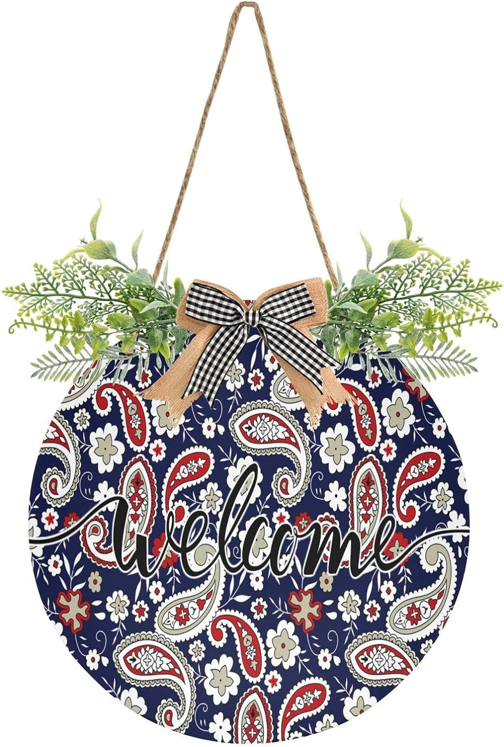 Welcome Sign with Wreath for Front Door, Rustic Round Hanging Welcome ...