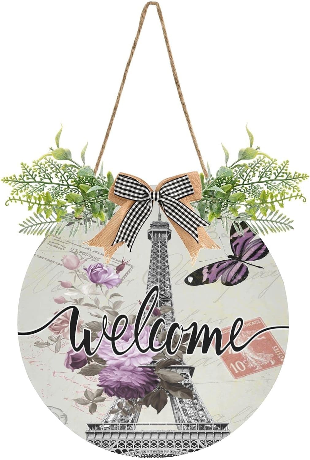 Welcome Sign with Wreath for Front Door, Rustic Round Hanging Welcome ...