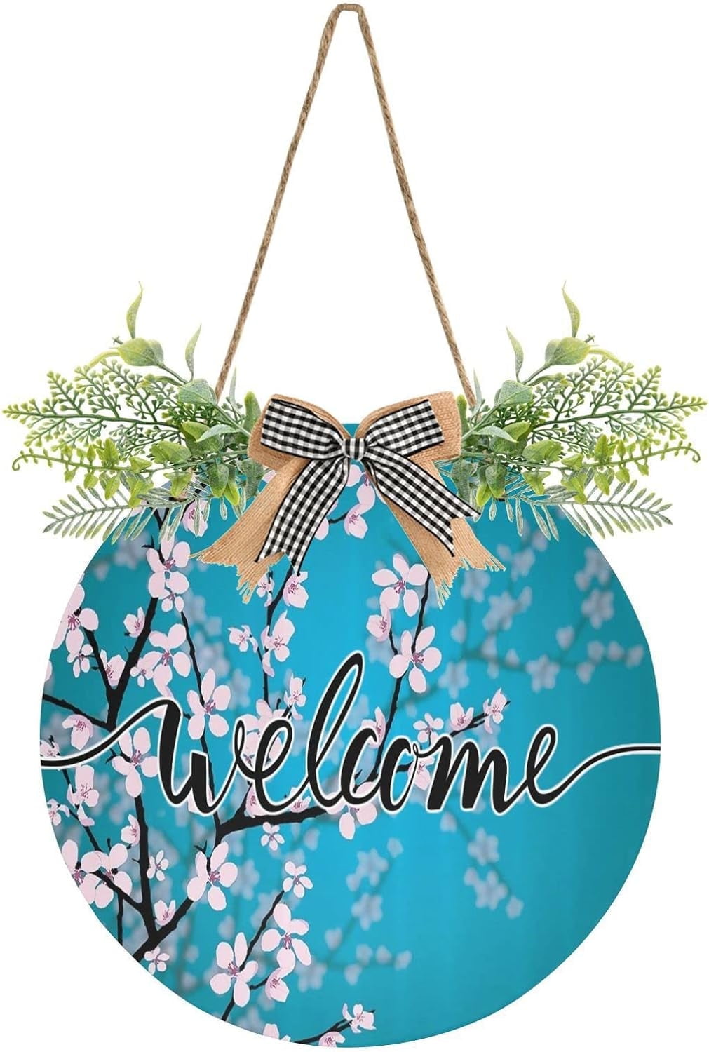Welcome Sign with Wreath for Front Door, Rustic Round Hanging Welcome ...