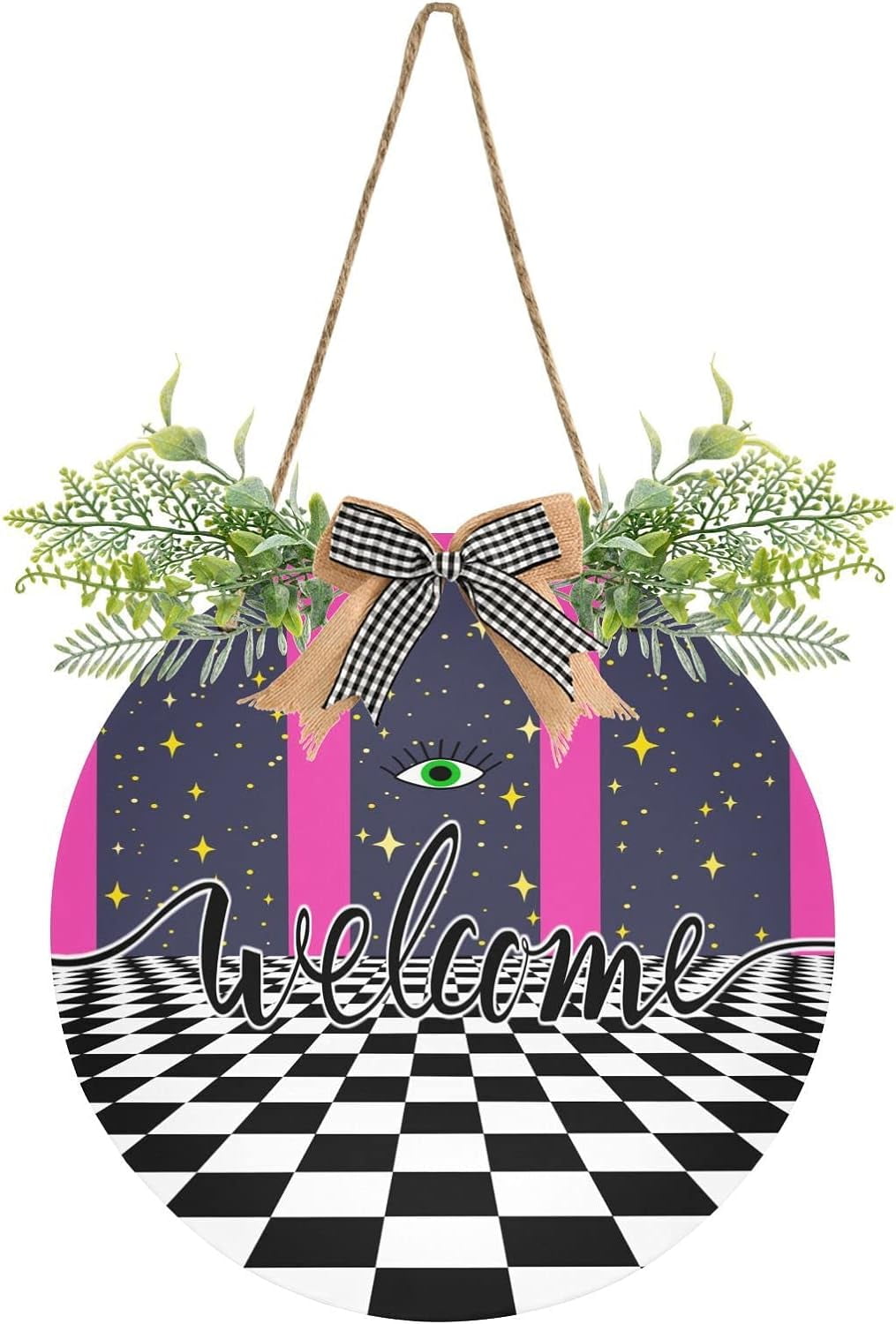 Welcome Sign with Wreath for Front Door, Rustic Round Hanging Welcome ...