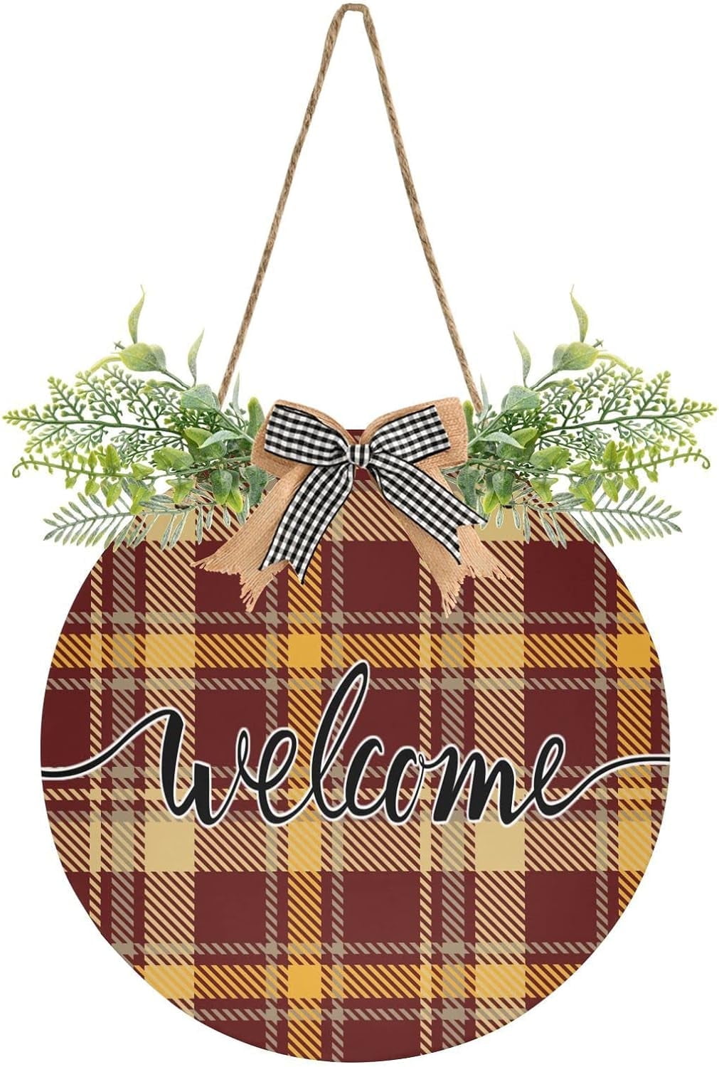 Welcome Sign with Wreath for Front Door, Rustic Round Hanging Welcome ...