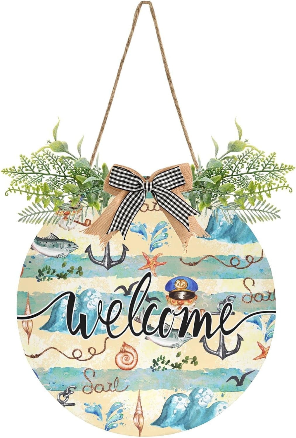 Welcome Sign with Wreath for Front Door, Rustic Round Hanging Welcome ...