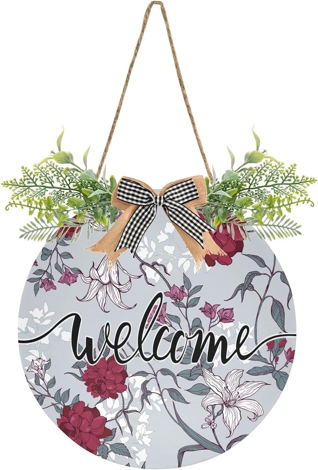 Welcome Sign with Wreath for Front Door, Rustic Round Hanging Welcome ...