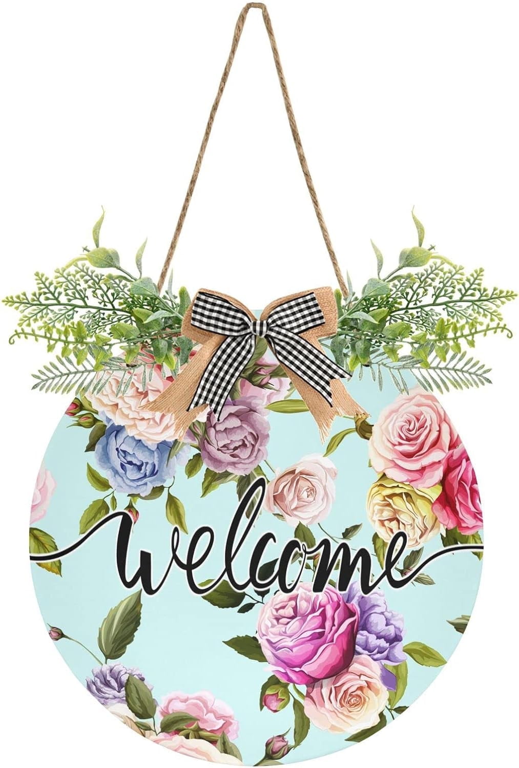 Welcome Sign with Wreath for Front Door, Rustic Round Hanging Welcome ...