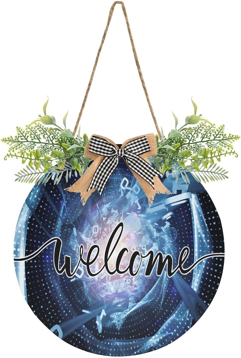 Welcome Sign with Wreath for Front Door, Rustic Round Hanging Welcome ...