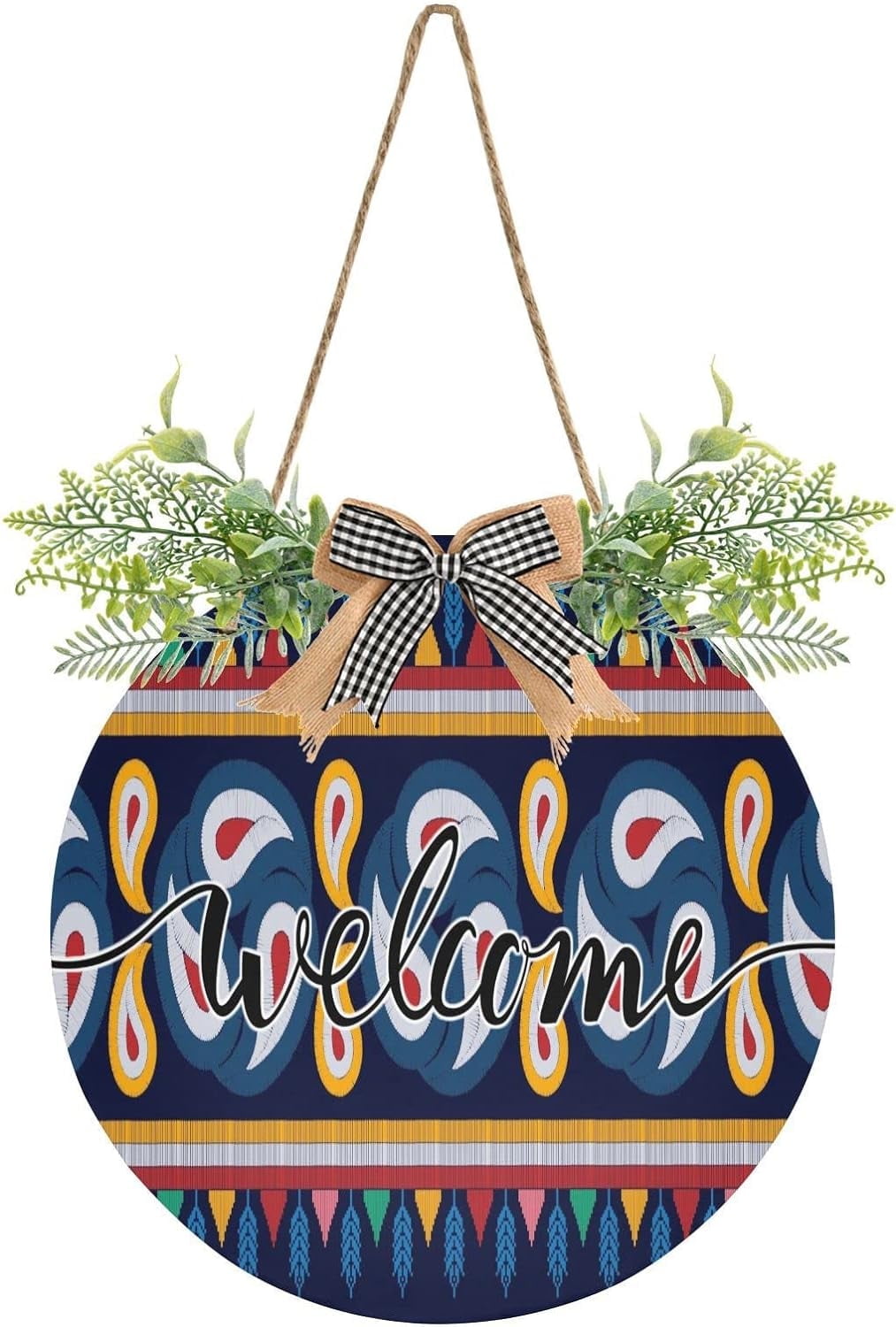 Welcome Sign with Wreath for Front Door, Rustic Round Hanging Welcome ...