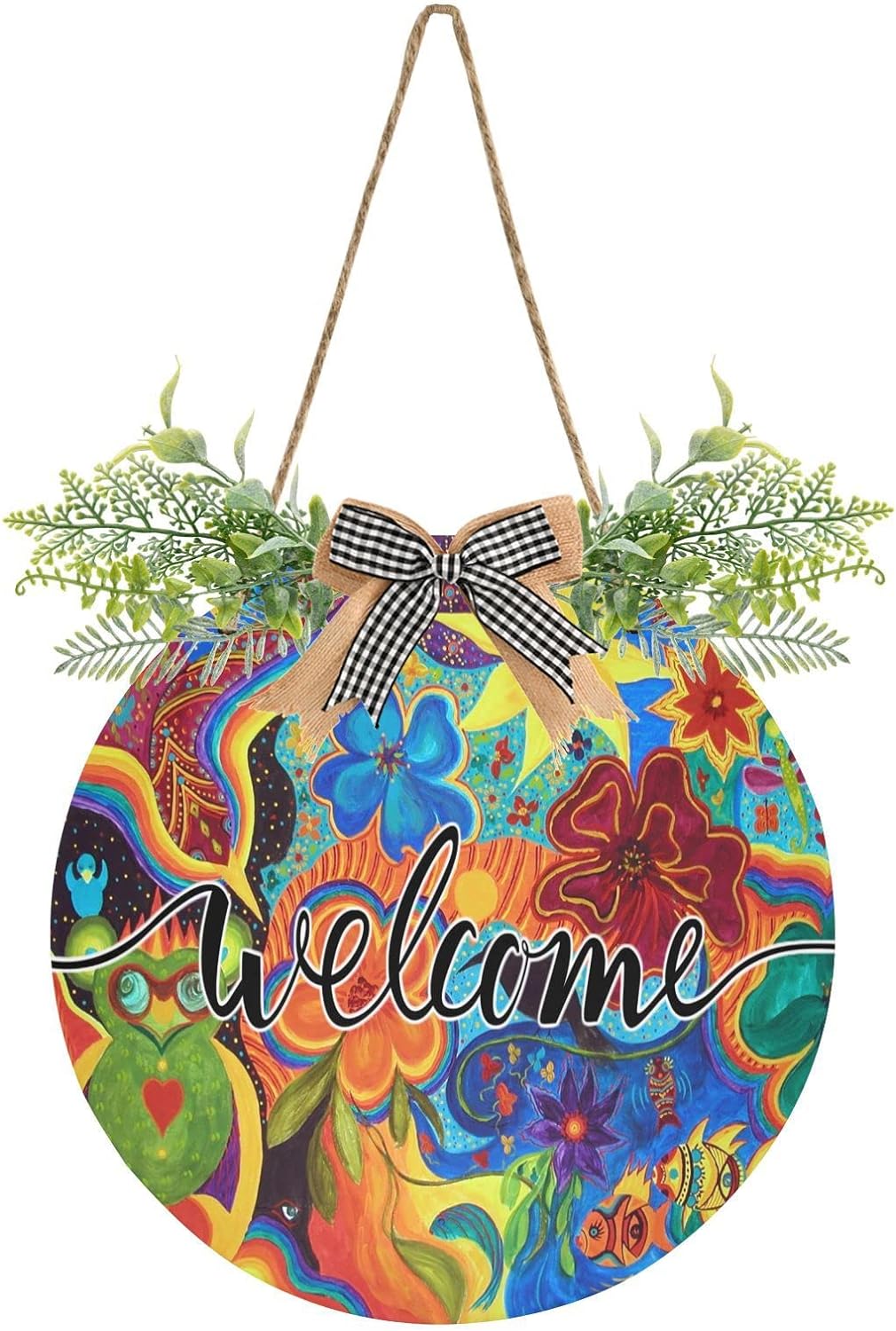 Welcome Sign with Wreath for Front Door, Rustic Round Hanging Welcome ...