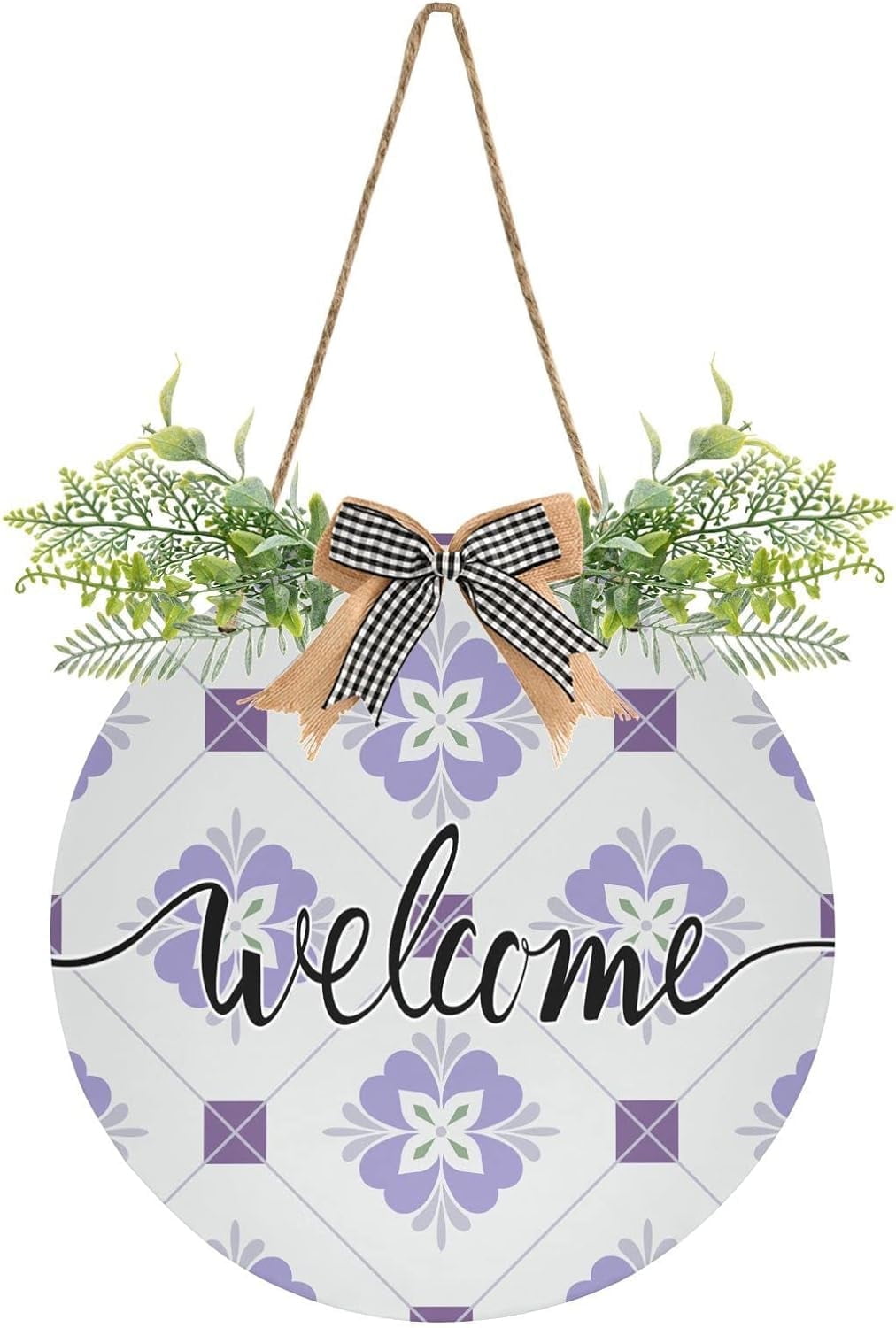 Welcome Sign with Wreath for Front Door, Rustic Round Hanging Welcome ...