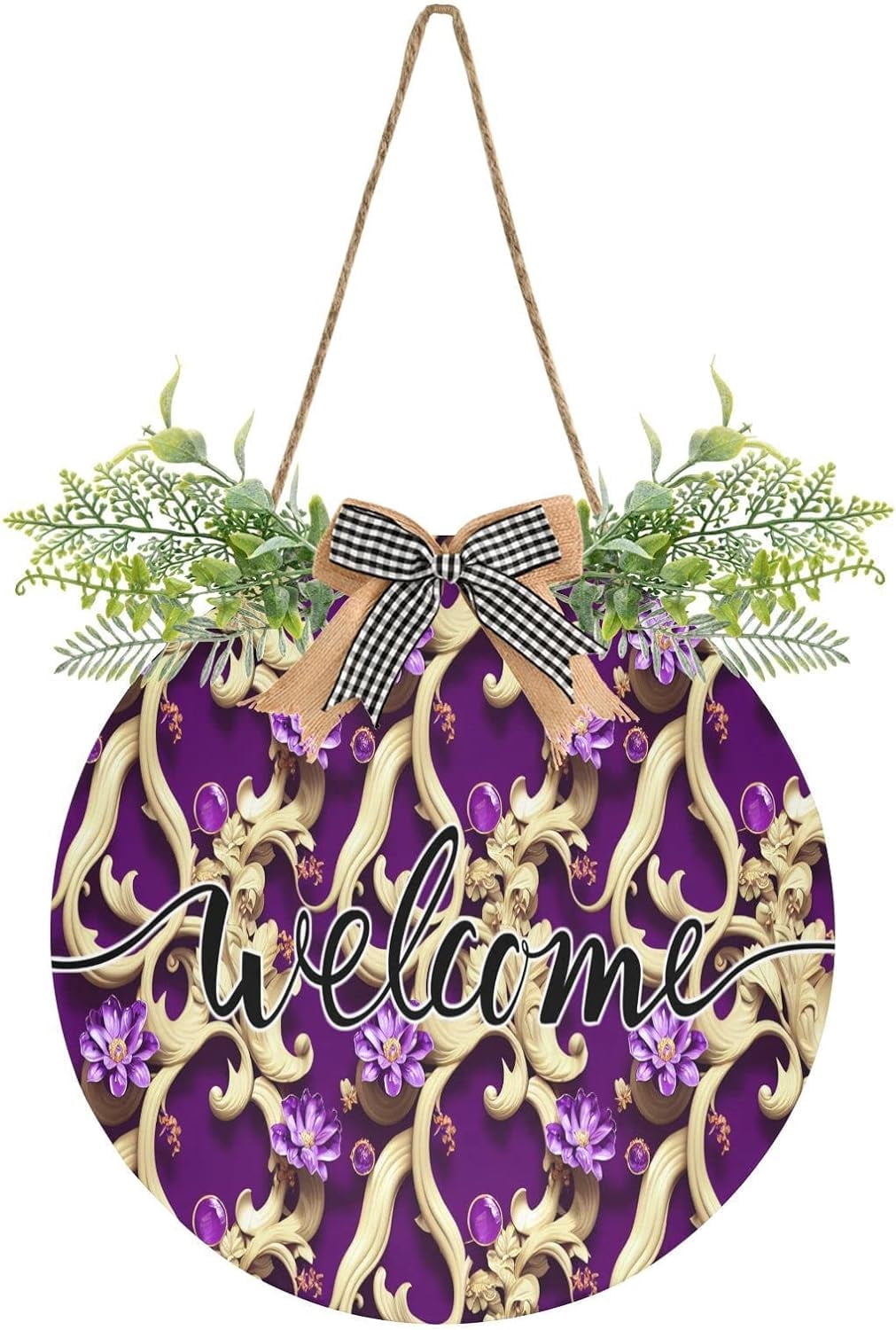 Welcome Sign with Wreath for Front Door, Rustic Round Hanging Welcome ...