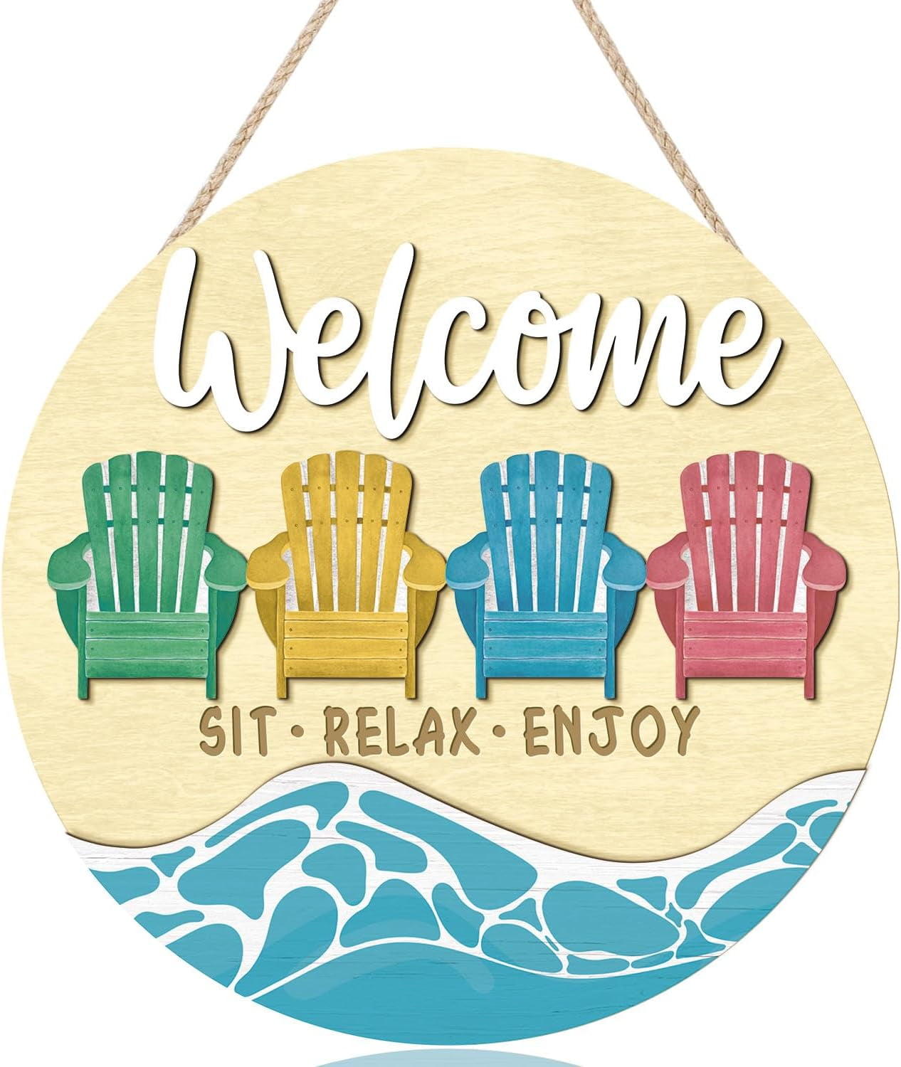 Welcome Sit Relax Enjoy Round Wooden Hanging Door Sign Farmhouse Summer ...